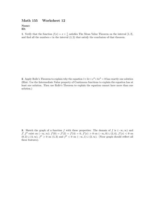 Unsolved Worksheet 12 Calculus I Math 155 Docsity