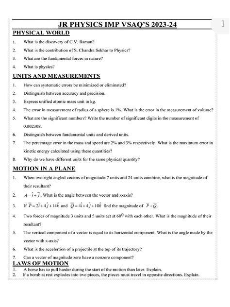 Phy Important Vsaqs Class 11 Pdf