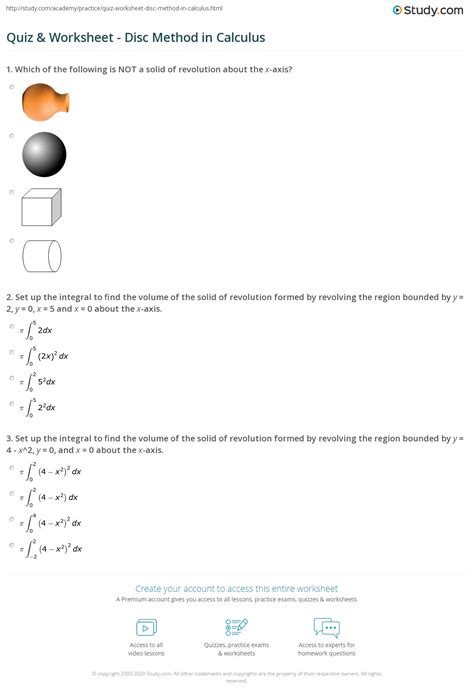 Quiz And Worksheet Disc Method In Calculus