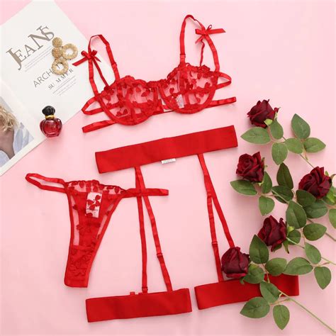 New Lace Embroidery Mesh Perspective Three Piece Set Red Floral Lace