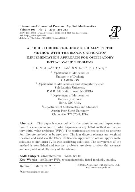 Pdf A Fourth Order Trigonometrically Fitted Method With The Block Unification Implementation
