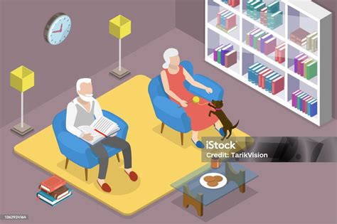 집에서 휴식을 취하는 노인의 3d Isometric 플랫 벡터 개념 적 그림 가정 생활에 대한 스톡 벡터 아트 및 기타 이미지 가정 생활 읽기 등측투영법 Istock