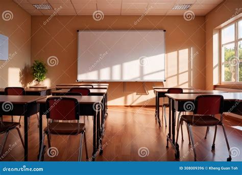 Empty Modern Classroom With Blank Whiteboard Bright Sunny Education Environment Stock