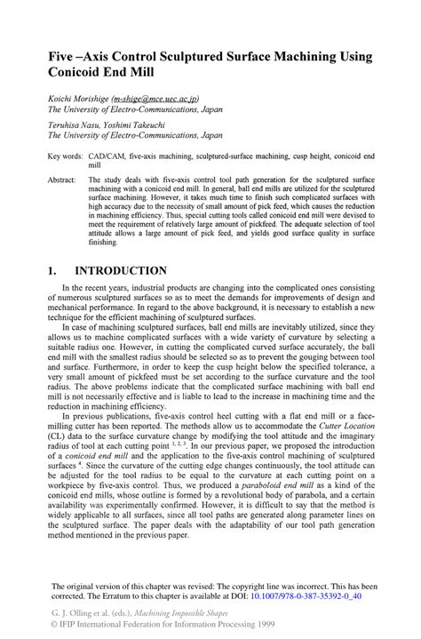 Pdf Five —axis Control Sculptured Surface Machining Using Conicoid End Mill