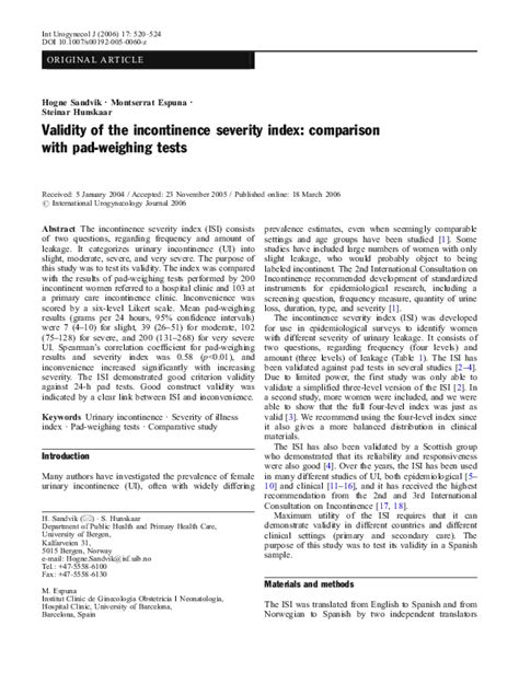 Pdf Validity Of The Incontinence Severity Index Comparison With Pad Weighing Tests