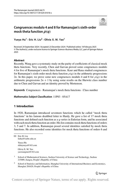 Congruences Modulo 4 And 8 For Ramanujans Sixth Order Mock Theta Function ρ Q Documentclass