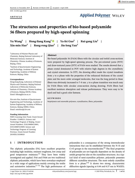 Pdf The Structures And Properties Of Bio‐based Polyamide 56 Fibers Prepared By High‐speed Spinning