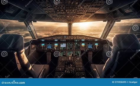 Cockpit Of Airplane Inside View Flight Deck Of Modern Aircraft Autopilot Generative Ai