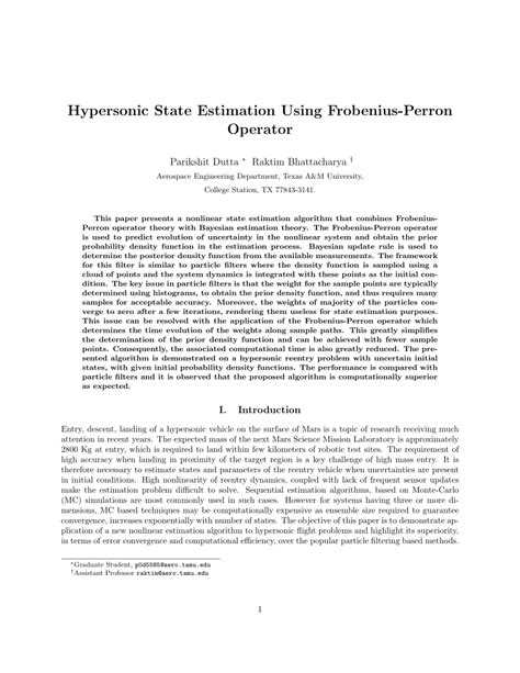 Pdf Hypersonic State Estimation Using Frobenius Perron Operator