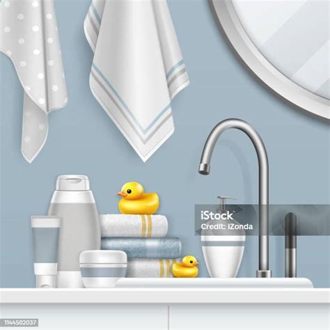 벡터 일러스트 레이 션의 수건 및 목욕 세트 선반에 노란 오리 욕실 가정 생활에 대한 스톡 벡터 아트 및 기타 이미지 가정 생활 개수대 개인 장식품 Istock