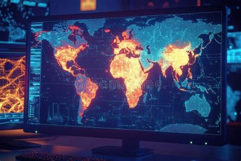 Visualizing Global Data Trends On A Digital World Map During Nighttime Analysis Session Stock