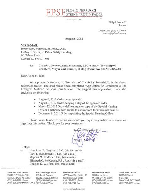 PDF Letter To Judge St John J A D Re Application For Permission To File Emergent Motion
