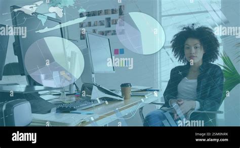 Animation Of Statistical Data Processing Over African American Woman Using Stock Video Footage