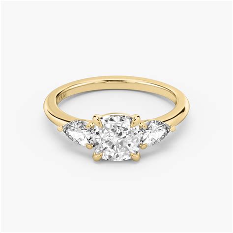 Three Stone Cushion Engagement Ring Plain Band Yellow Gold 025ct