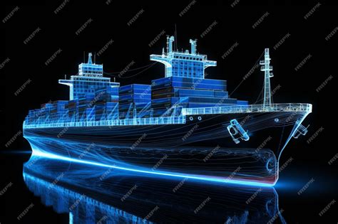 A Container Ship Depicted With Glowing Blue Wireframe Lines Over A Black Background Premium Ai