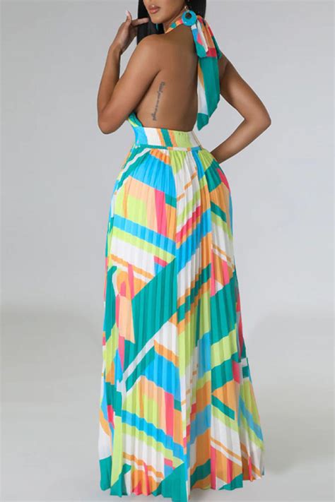 Wholesale Green Sexy Print Patchwork Backless Fold Halter A Line