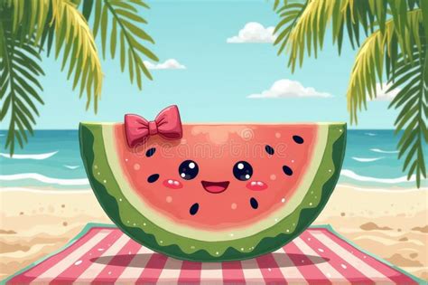 Cute Smiling Watermelon Slice With Bow On Beach Picnic Table In