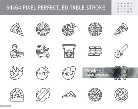 피자 배달 라인 아이콘 치즈 슬라이스 택배 상자 페퍼로니 채식 레스토랑으로 아이콘이 있는 벡터 일러스트레이션 피자 가게 메뉴에 대한 개요 그림 64x64 픽셀 완벽한 편집