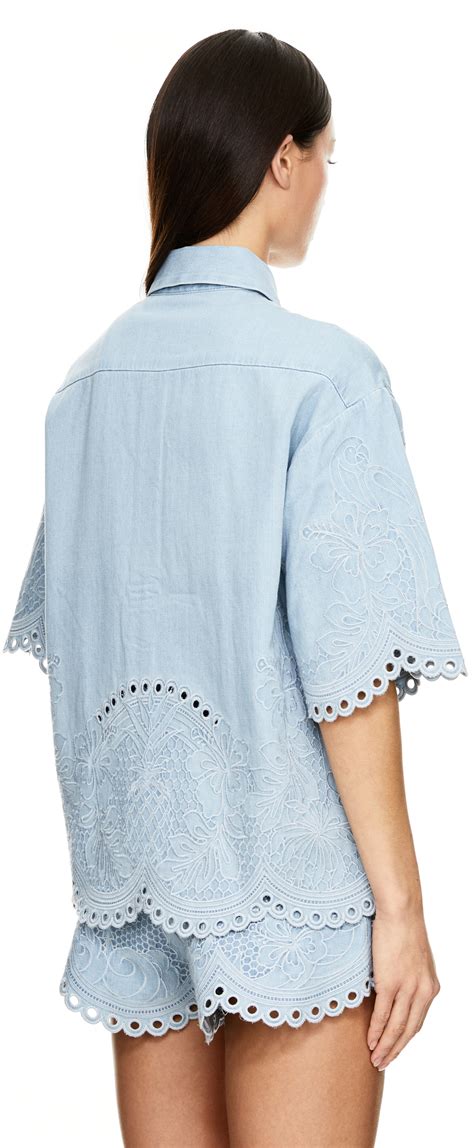 Zimmermann Denim Bluse Daylight Mit Stickereien Hellblau Auf Ungerde