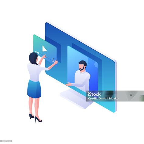 비디오 스트림 서비스 등소 일러스트레이션을 보는 여성 여성 캐릭터는 남성 아나운서와 함께 모니터에서 온라인 비디오를 재생합니다 검사 보기에 대한 스톡 벡터 아트 및 기타