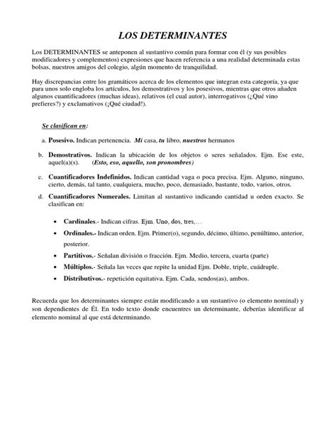 Determinantes 2020 Pdf Gramática Morfología Lingüística