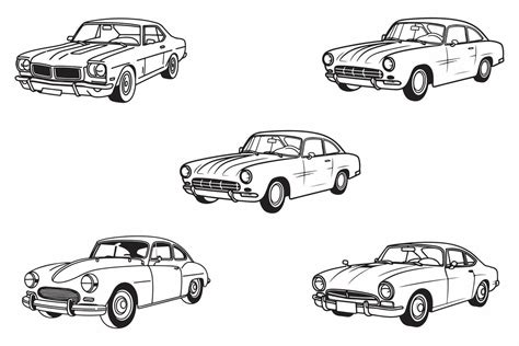 Classic Car Set Outline Vector Illustration On White Background