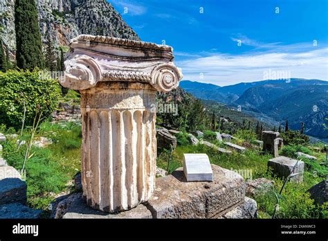 Ancient Greek Column At The Delphi Archaeological Site Delphi Was