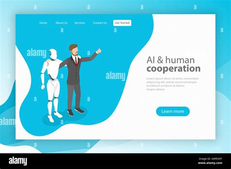 Flat Isometric Vector Landing Pate Template For Ai And Human Cooperation Artificial