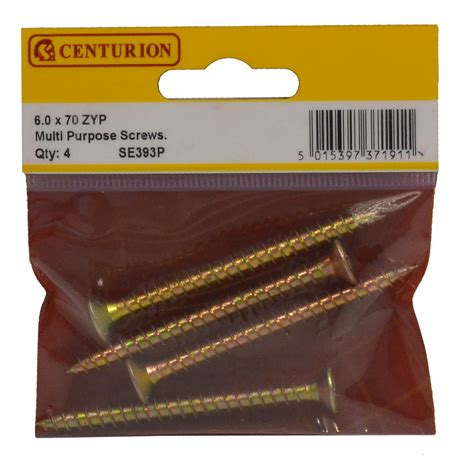 Centurion Multi Purpose Pozi Countersunk Screws 6 X 70mm Zinc Yellow Passivated