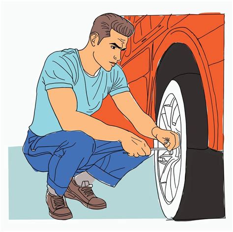 Male Driver Checking The Tires Man Is Repairing Car Tire Cartoon