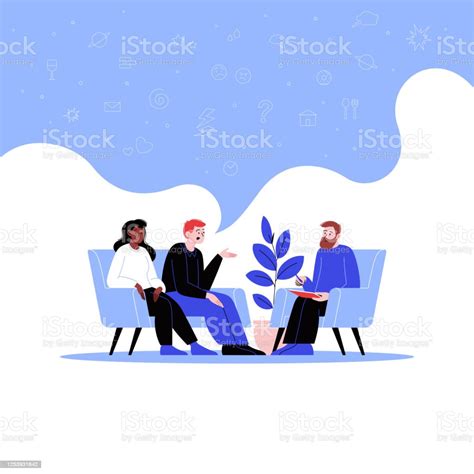 남성 정신 전문가와 치료 세션에 참석 하는 Coeple 가족 심리 치료 세션 심리학자와의 대화 음성 버블의 아이콘 말하기에 대한 스톡 벡터 아트 및 기타 이미지 Istock