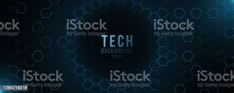 미래 지향적 인 하이테크 배너 빛나는 푸른 네온 벌집 비행 빛나는 입자 현대 기술 디자인 벡터 그림입니다 0명에 대한 스톡 벡터