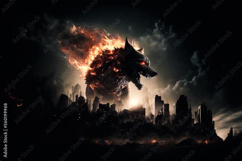 Mystical Scandinavian Beast Wolf Fenrir Destroying Modern City Fenrir
