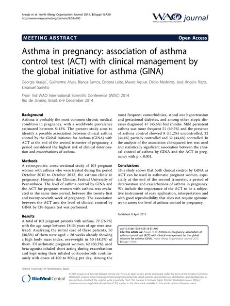 Pdf Asthma In Pregnancy Association Of Asthma Control Test Act With Clinical Management By