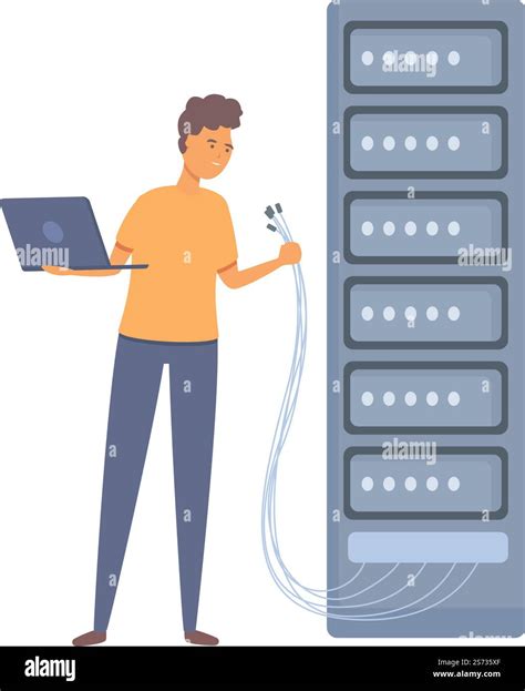 Server System Administrator Icon Cartoon Vector Computer Engineer Network Room Server System
