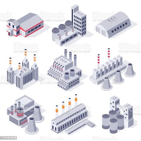 아이소메트릭 공장 건물입니다 산업 발전소 건물 공장 창 고 저장 및 산업 재산 3d 벡터 세트 등측투영법에 대한 스톡 벡터 아트 및 기타 이미지 Istock