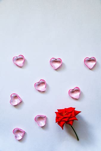 흰색 배경에 유리 핑크 하트와 다양한 마시멜로와 작은 피는 빨간 장미 하트 모양에 대한 스톡 사진 및 기타 이미지 하트 모양 0명 기념일 Istock