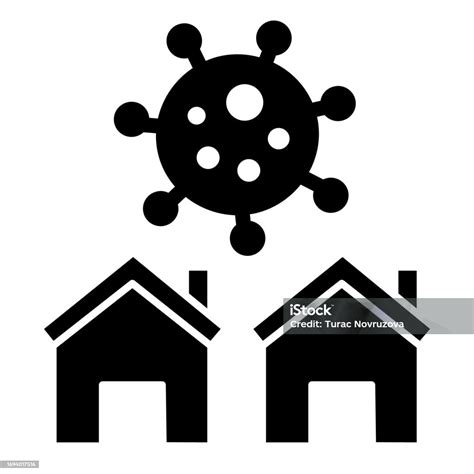 두 개의 건물과 코로나 바이러스 세포 솔리드 아이콘 코로나바이러스 인식 개념 흰색 배경에 집에서 자가 격리 표지판 안전한 집 기호 글리프 스타일을 유지합니다 벡터 그래픽 0