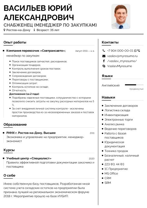 Резюме снабженца образец [8 шаблонов для менеджера снабжения]
