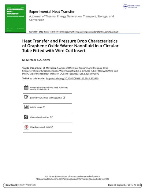 Pdf Heat Transfer And Pressure Drop Characteristics Of Graphene Oxidewater Nanofluid In A