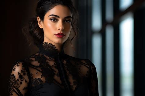 Premium Photo Model Wearing Black Long Sleeved Lace