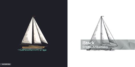 바다에서 범선 여름 모험 활동적인 휴가 해상 선박 해상 선박 또는 해상 캐러벨 선원과 선장을위한 바다에서의 물 수송 빈티지 스타일로 그려진 손으로 새겨 져 있습니다