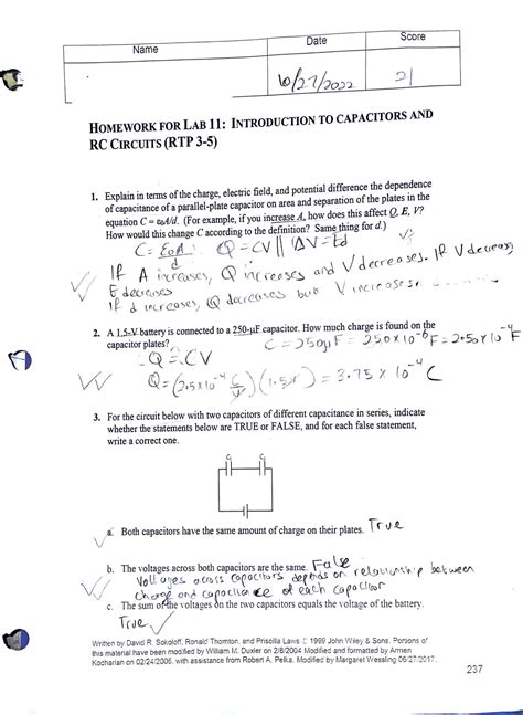 Hw Lab Lab Hw For Capacitors And Rc Circuit Name Date Score