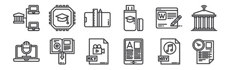 선형 E러닝 아이콘 12세트 시험 전자 리더 전자 책 위키 백과 온라인 교육 웹 모바일 Cpu와 같은 얇은 개요 아이콘 아이콘에 대한 스톡 벡터 아트 및 기타 이미지