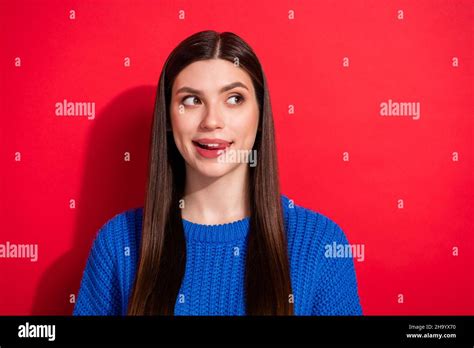 Photo Portrait Brunette Licking Lips Looking Copyspace Isolated On Vivid Red Color Background