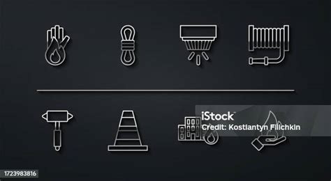 불타는 건물 교통 콘 등산가 로프 손 잡고 및 화재 경보 시스템 아이콘에 화재 없음 소방관 도끼 호스 릴을 설정합니다 벡터 건설 산업에 대한 스톡 벡터 아트 및 기타 이미지