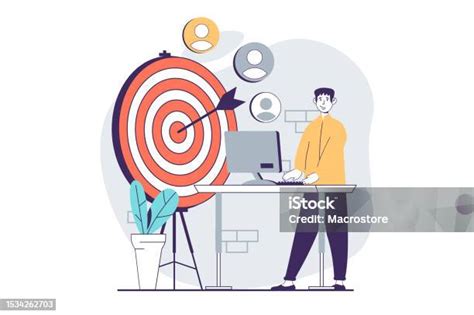포커스 그룹 개념은 웹을 위한 플랫 디자인에서 사람들 장면을 가지고 있다 타겟 고객과 전략을 위한 광고 캠페인을 만드는 남자