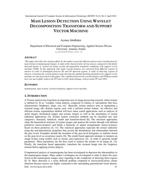 Pdf Mass Lesion Detection Using Wavelet Decomposition Transform And Support Vector Machine