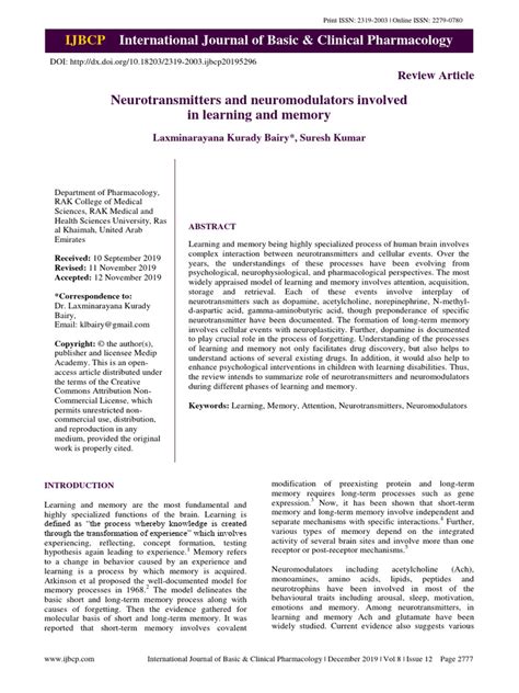 Neurotransmitters And Neuromodulators Involved In Learning And Memory