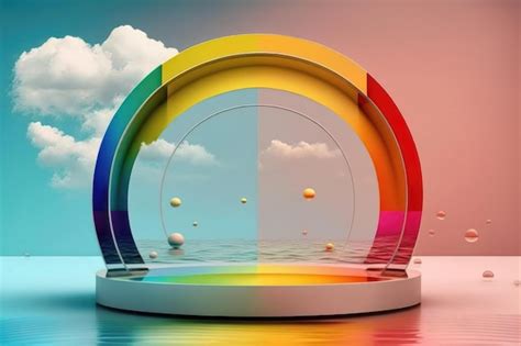 둥근 연단 물결 모양의 유리 벽과 최소 스타일의 물이 있는 3d 스타일의 추상 형상 그림 Generated Ai 프리미엄 사진